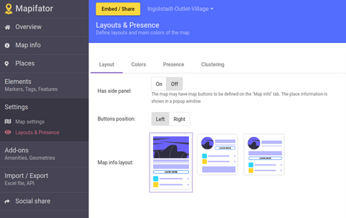 Button-based layout for lightweight maps to embed