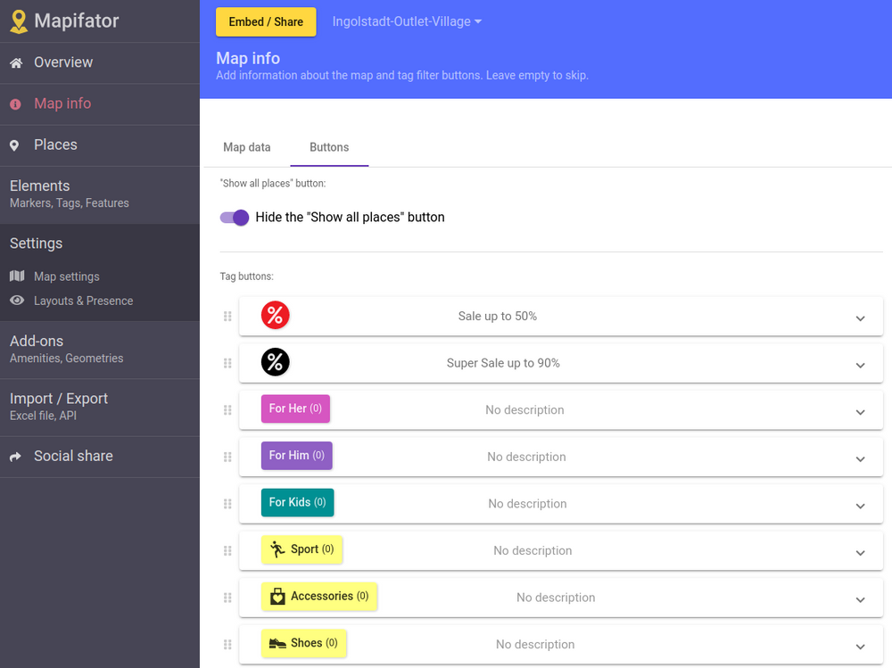 Button-based layout for lightweight maps to embed