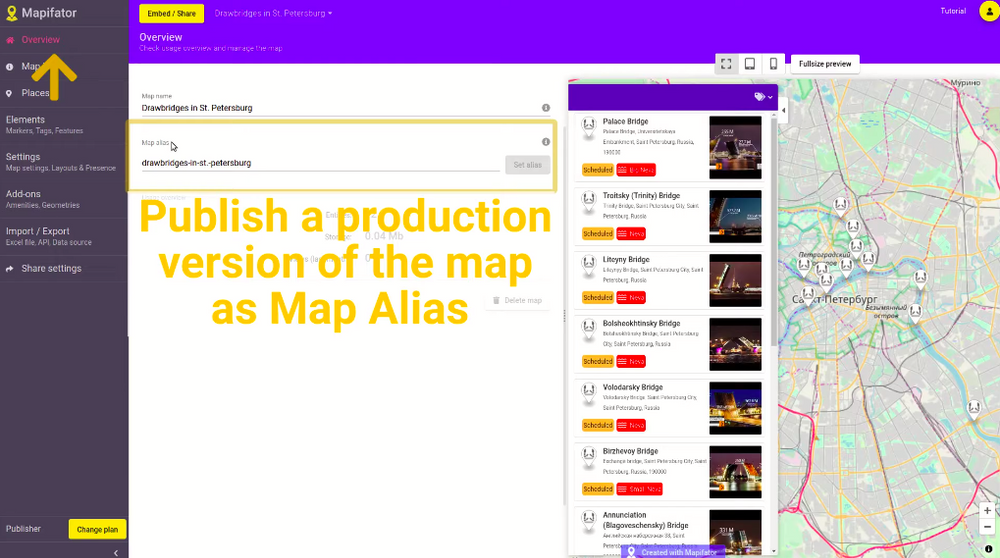 Map alias: human-readable URL and production version of the map